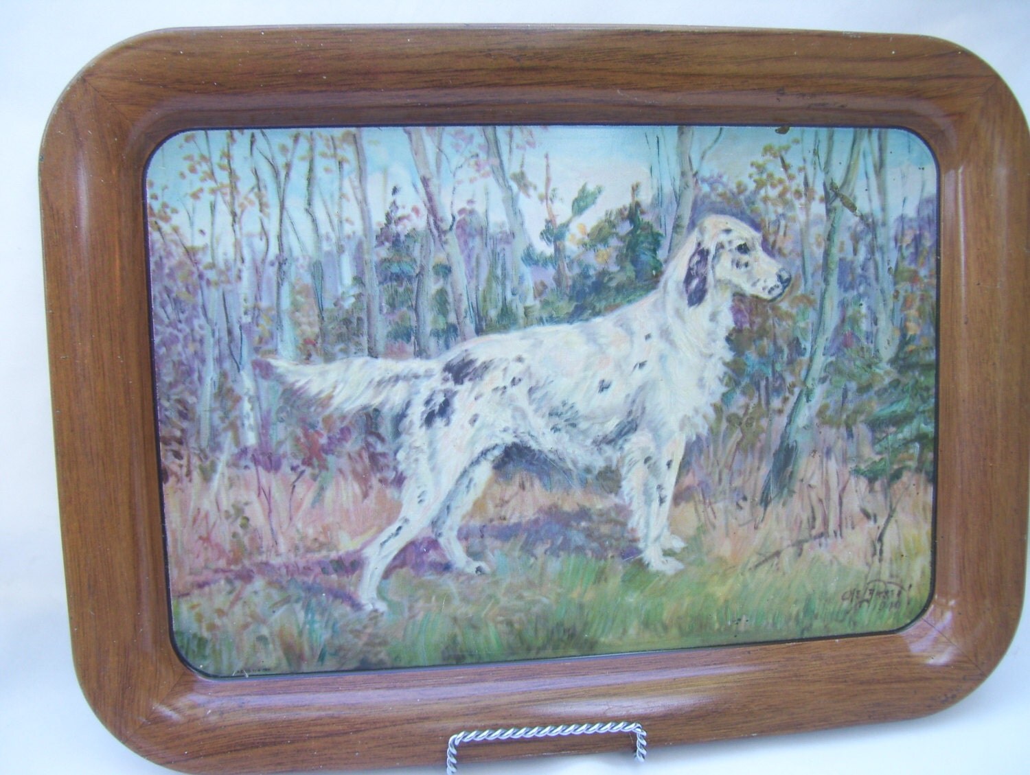Vintage Hunting Pointer Dog Tray Wood Grain Muted Colors Rectangle Mid ...