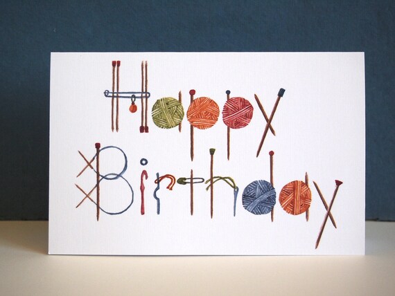 Knitting Happy Birthday Greeting Card. White linen card stock.