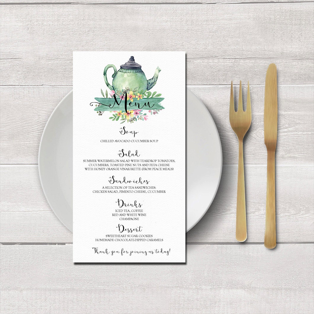Printable Tea Party Menu Card Tea Pot Menu Bridal Tea Menu Printable Tea Party Menu Card Tea Pot Menu Bridal Tea Menu