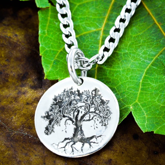 Silver Oak Tree Necklace Tree Jewelry Hammered and Engraved