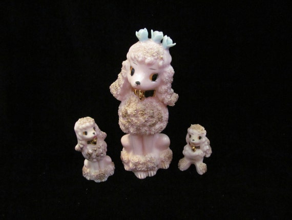 Vtg '50s Midcentury Pink Poodle Figurine Set of 3 Ceramic