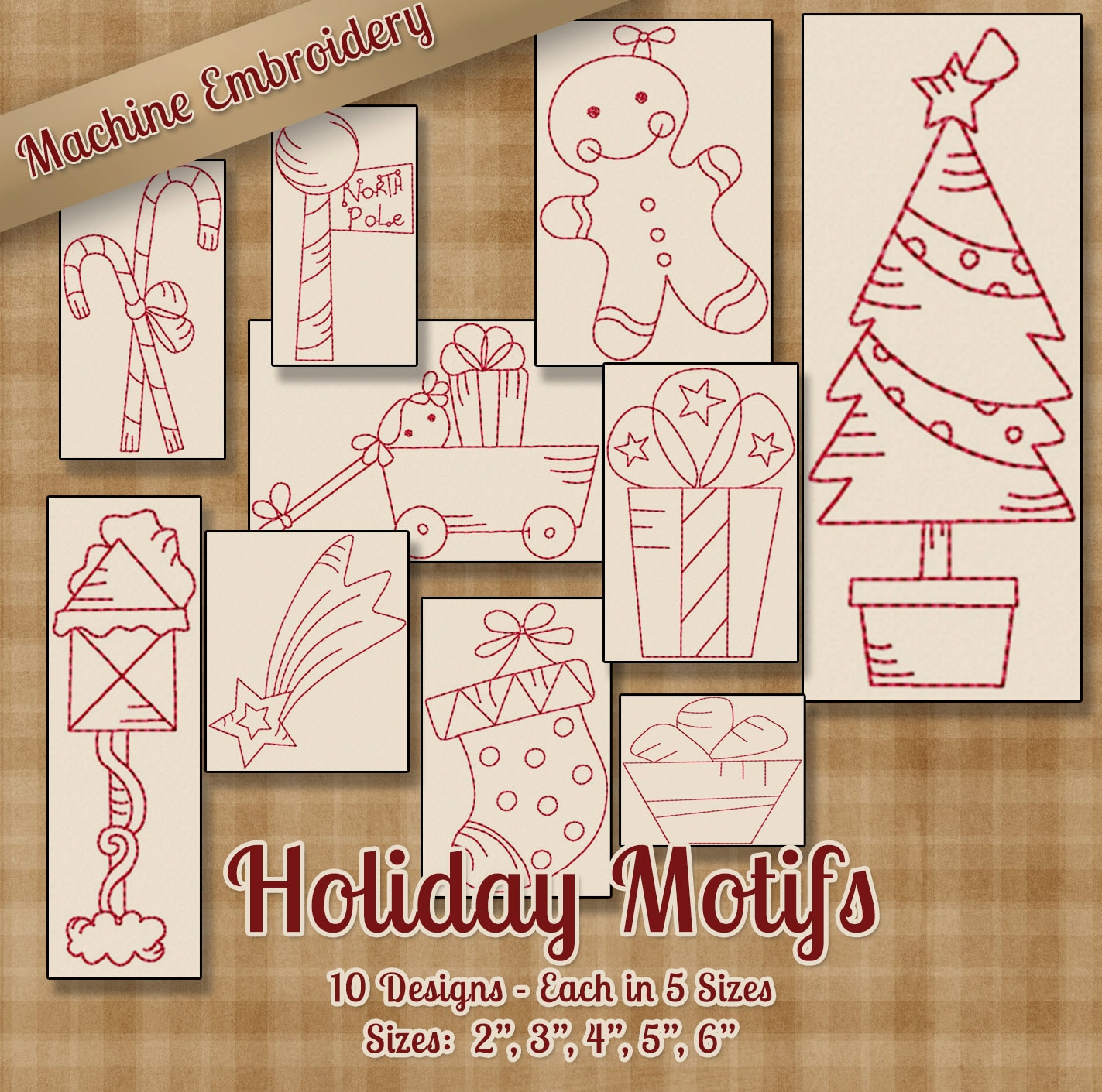 Holiday Motifs Redwork Machine Embroidery Patterns 10 Designs