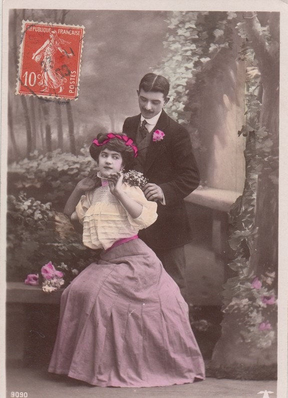 Vintage French Romantic lovers post card .Couple