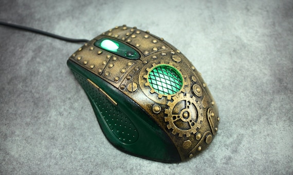 Steampunk green computer mouse. Armorhamster unique modding