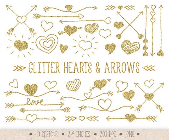 Gold Glitter Hearts and Arrows Clip Art. by PixelGardenDesign
