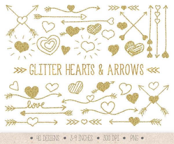 Gold Glitter Hearts and Arrows Clip Art. Valentine's Day