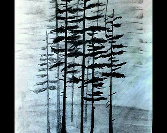 A forest etching by Flora McLachlan deer alone in a dark