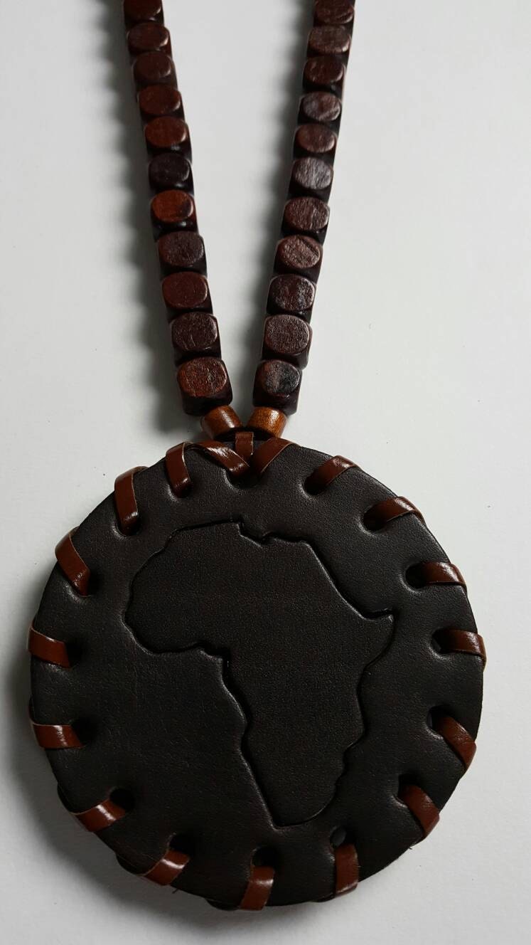 Brown Leather African Medallion Necklace w/ Beads