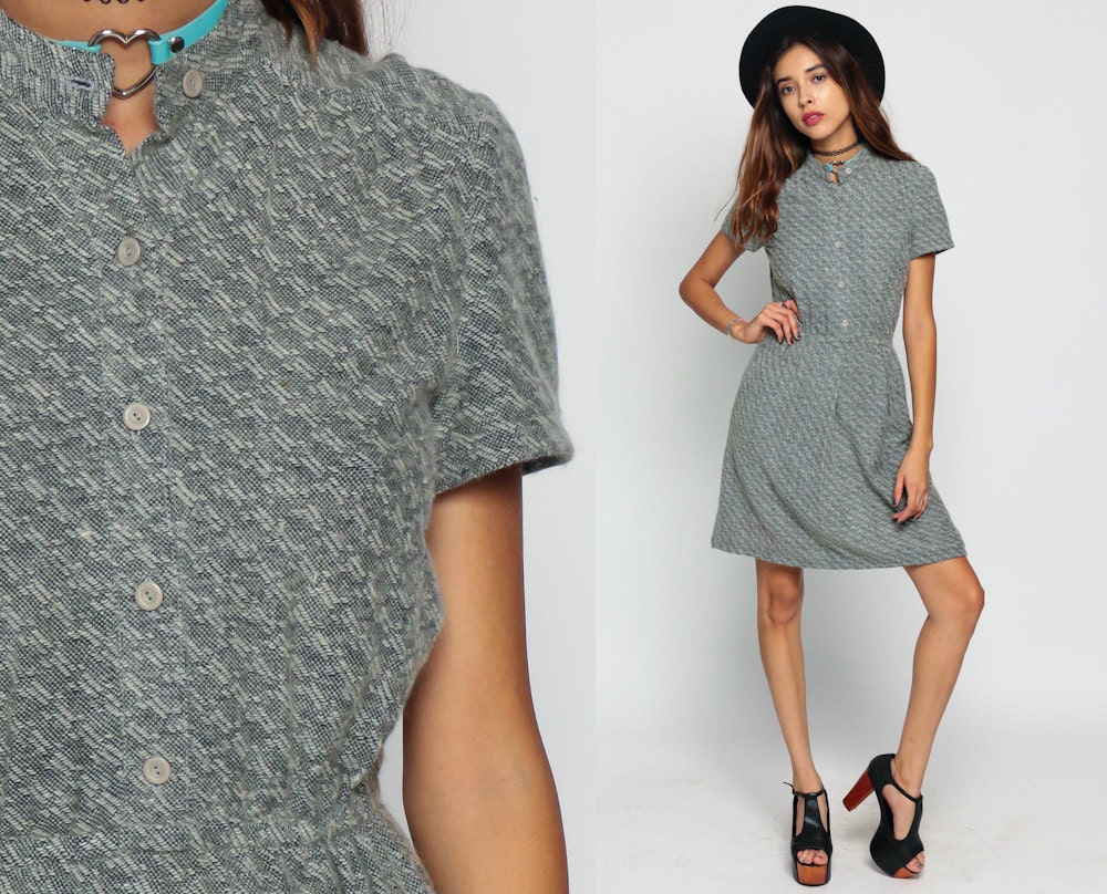 Mod Mini Dress 70s Grey Knit High Collar Short Sleeve Plain Button Up ...