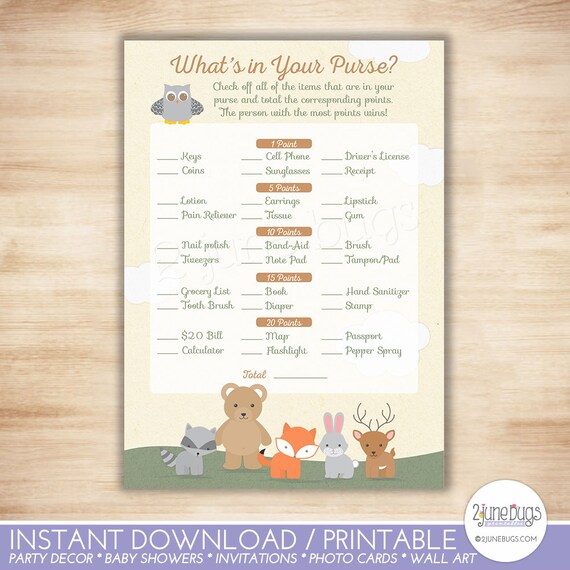 Woodland Baby Shower What's in Your Purse Game PRINTABLE