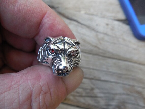 ON SALE Tiger ring in sterling silver with red cz's in the