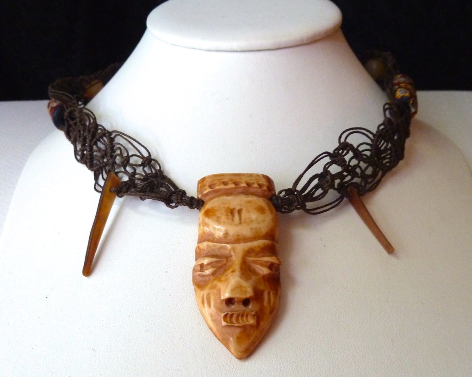 Old Tribal Mask Necklace Carved African Bone Pendant