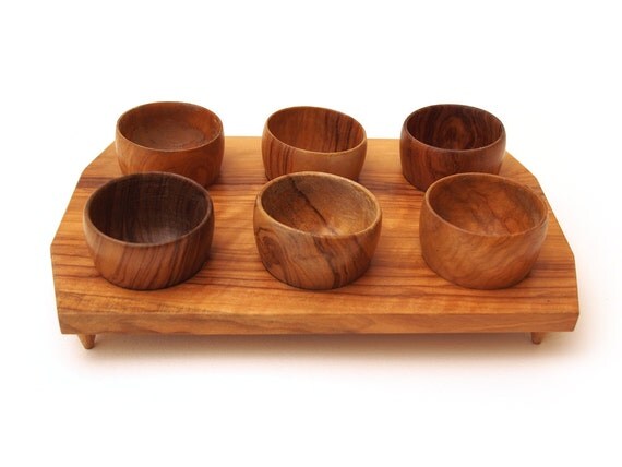 Vintage Oliv-Art Olive Wood egg cups and tray. Spain OlivArt