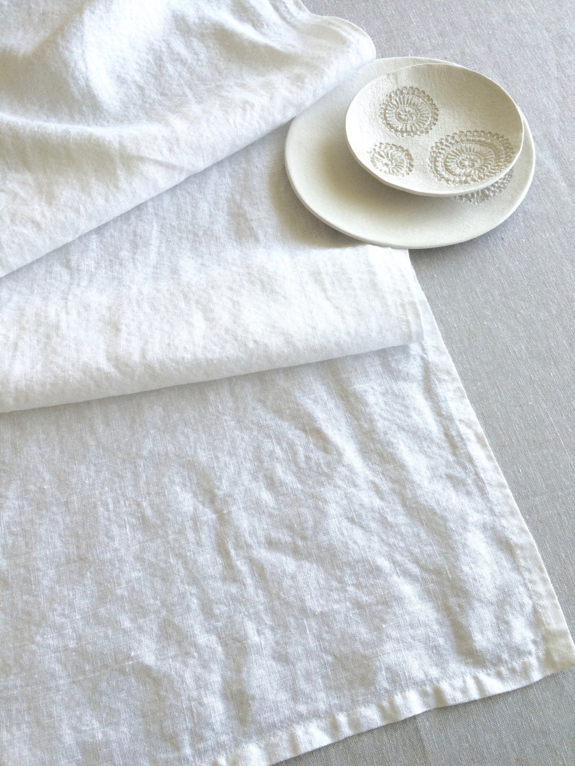 Plain white linen table runner handmade rustic home decor