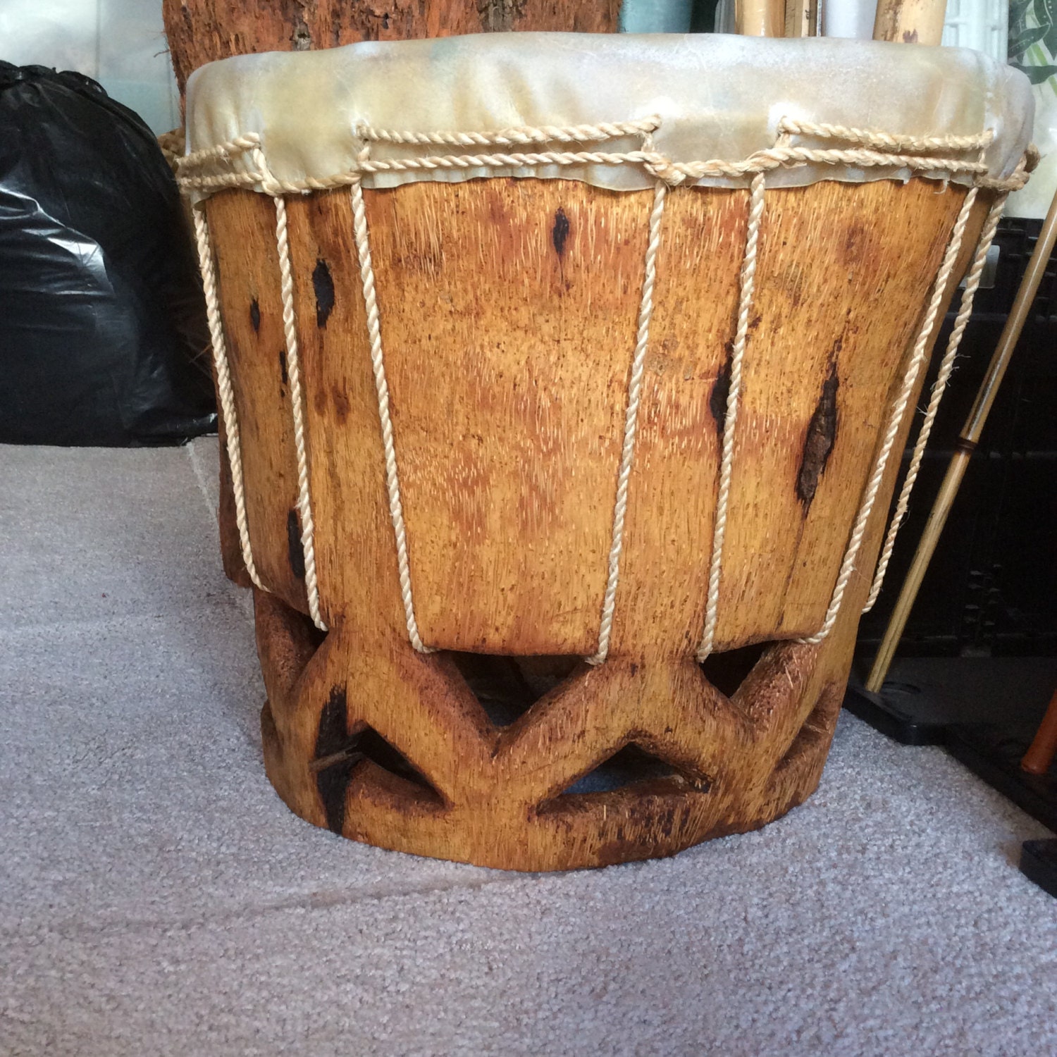 Large Hawaiian Hula Pahu Drum made with Hau cordage.