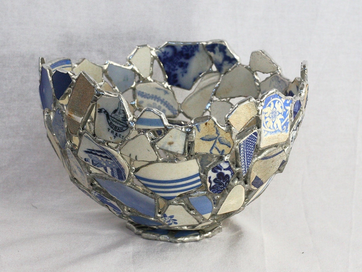 Sea Pottery Blue White Bowl Sea Glass Art Vintage Antique