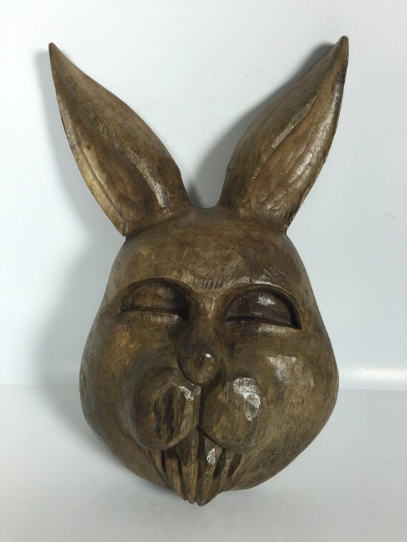 Carved Solid Wood Paper Mache Mold of Rabbit Face