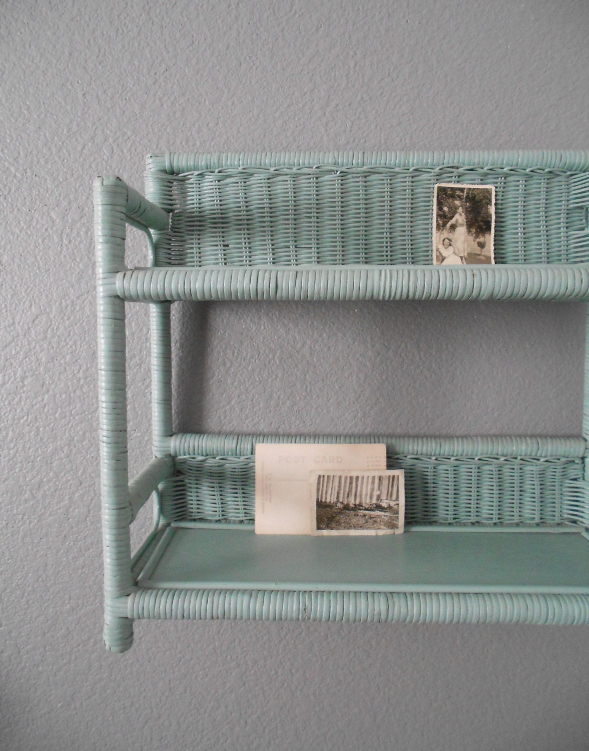 vintage blue turquoise natural wicker rattan wall hanging shelf / 2 ...
