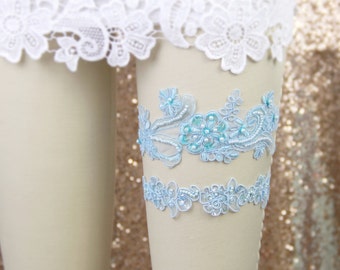 Light Blue Embroidery Flower Lace Wedding Garter Set Light