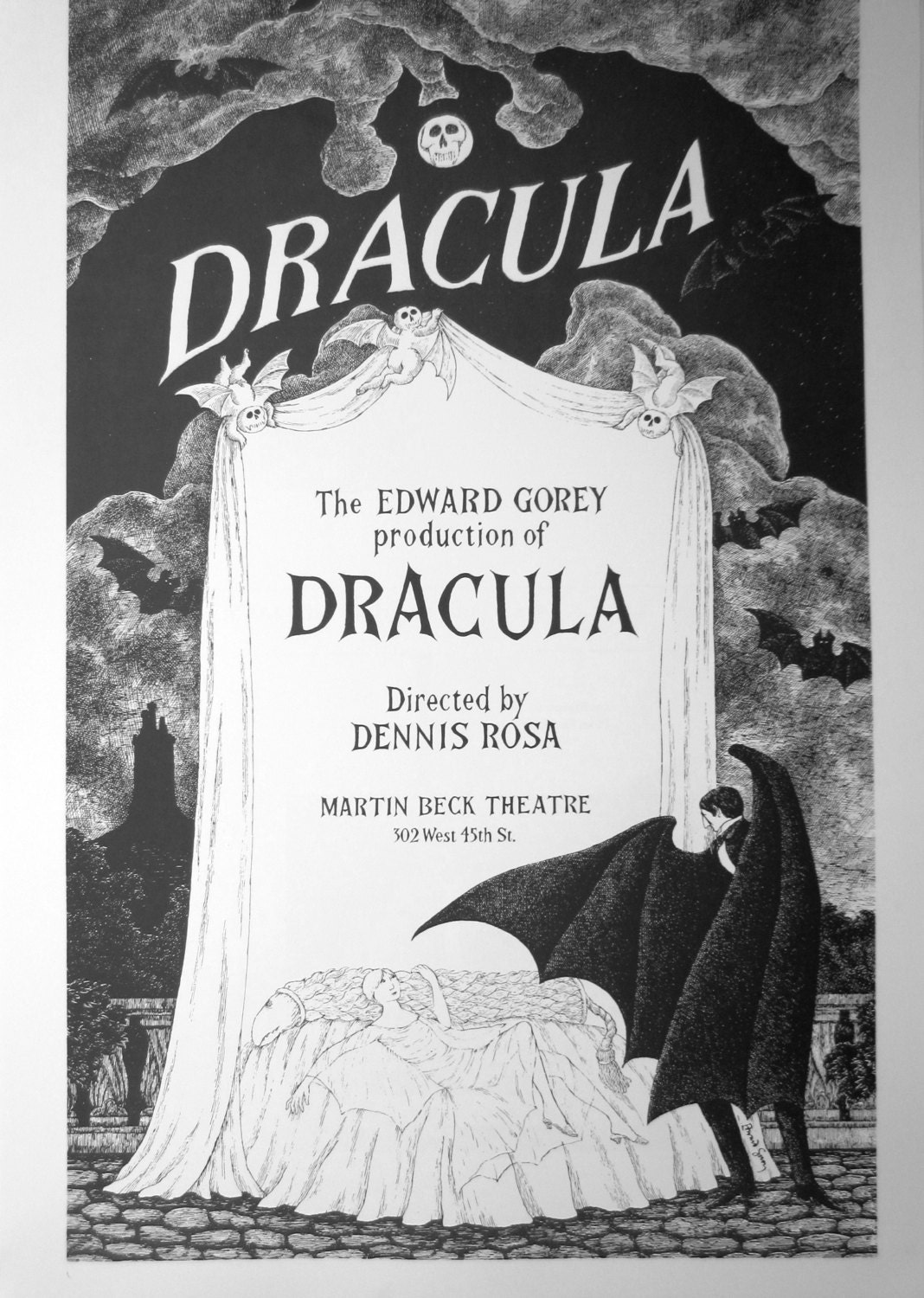VINTAGE large Edward GOREY print / poster 1970s DRACULA New