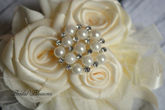 Ivory Satin Chiffon Ribbon Flower Wrist by BridalBlossomsShoppe