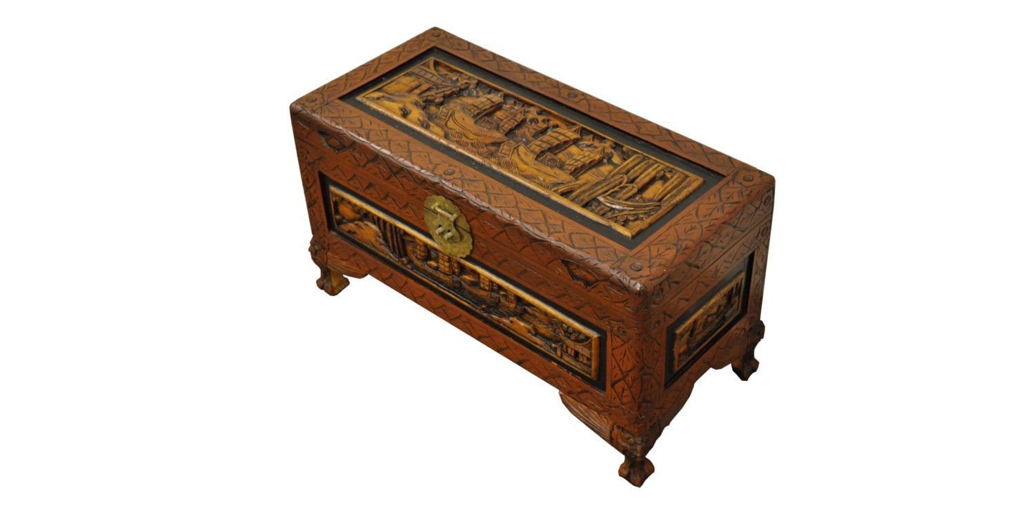 Small Vintage Chinese Oriental Asian Carved Solid Wood Carved Chest ...