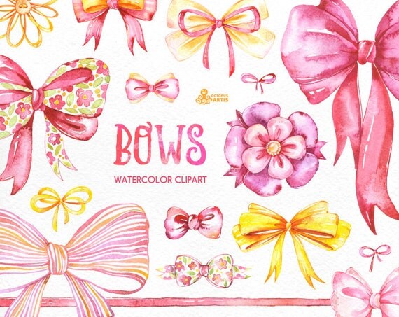 Bows. 26 Watercolor handpainted clipart diy elements