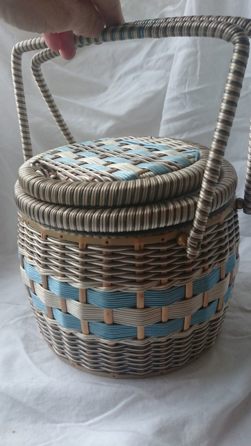 Vintage Wicker Sewing Basket Box Blue and White Retro Mid Century 1950 ...