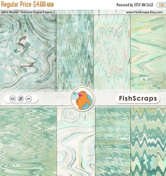 50% SALE Mint Green Marble Digital Paper Lightly by FishScraps