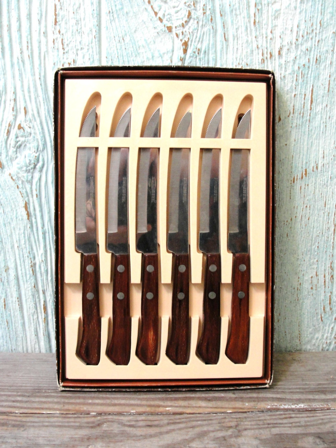 Vintage Stainless Steel Steak Knife Set, 6 Wood Handle Knives with ...