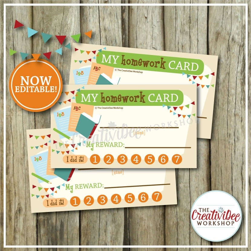 Homework Punch Cards Schoolwork Punch Card by CreativiDeeWorkshop
