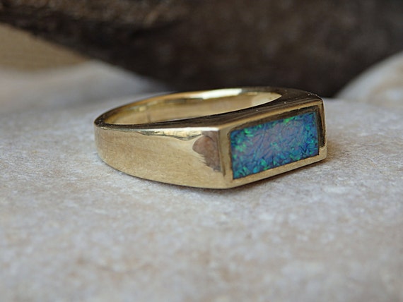 Rectangle Opal Ring Gold Fire Opal Signet Ring Blue Opal