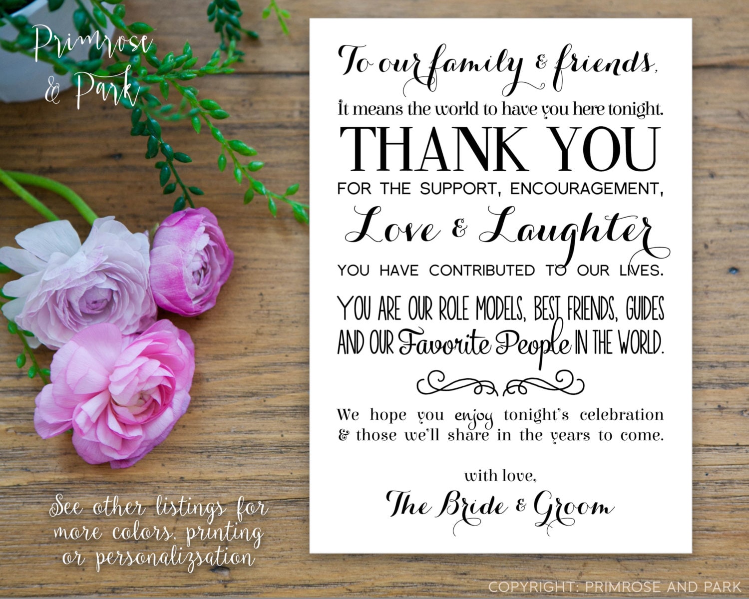 Wedding Thank You Card for Reception or Hotel Welcome Bags