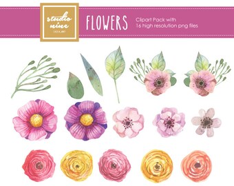 Pink and Purple Watercolor Flowers Clipart SetHand Painted