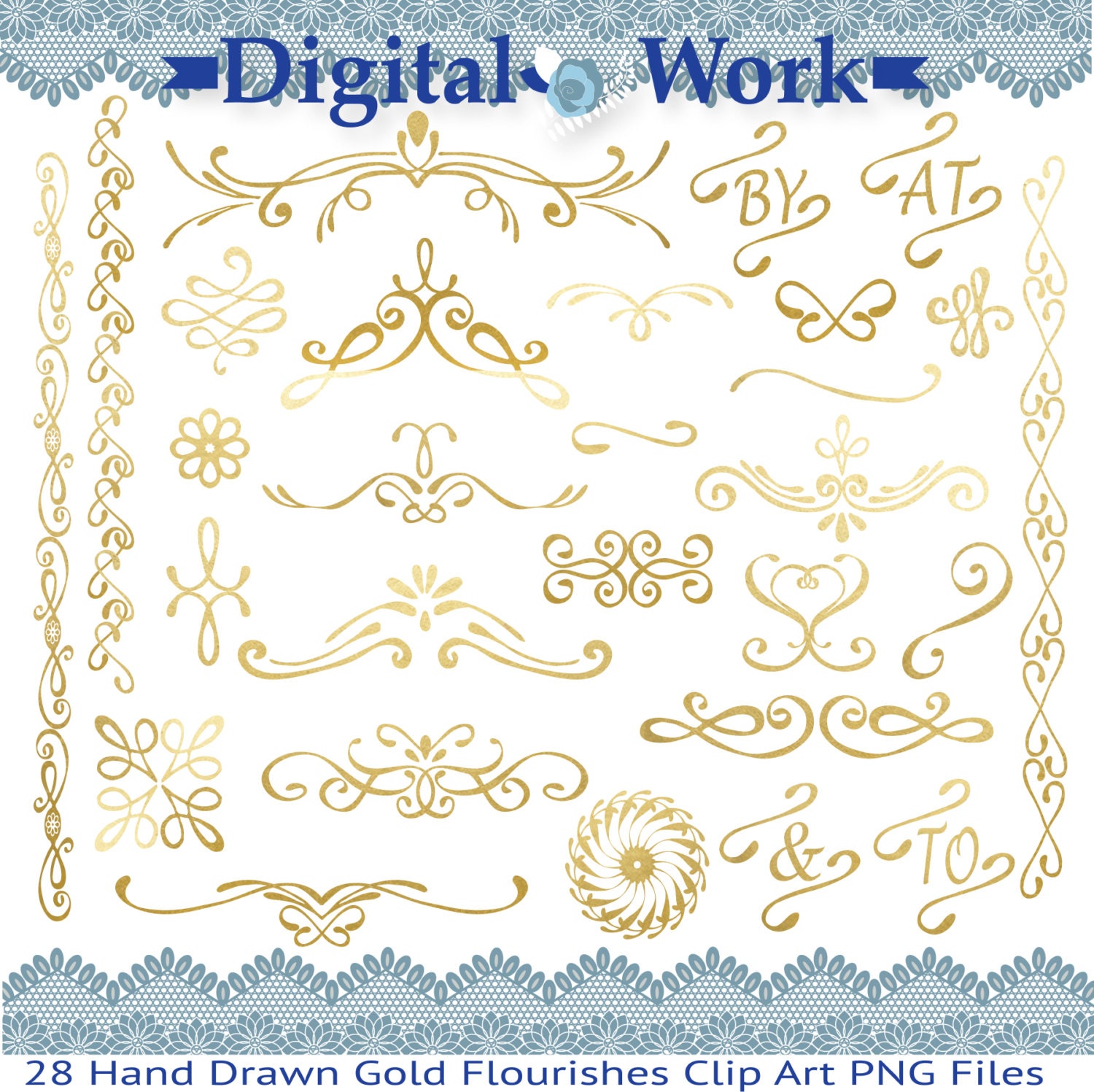 Wedding Digital Clipart Golden digital flourish Swirl Gold