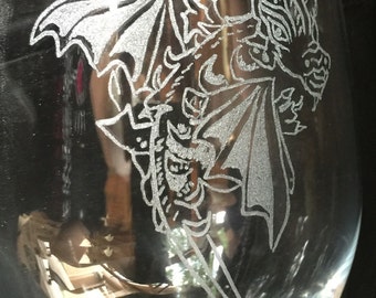 Dragon wine glasses etched Engraved Glassware Dragon Wine