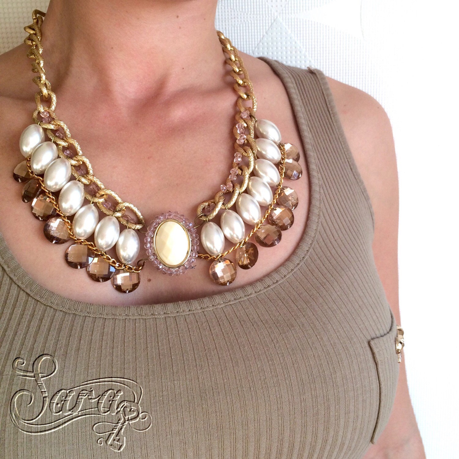 Luxury necklace, Beige statement necklace, Big pearl necklace, Glass ...