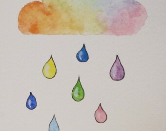 Items similar to Watercolor colorful rain and cloud art wall poster ...
