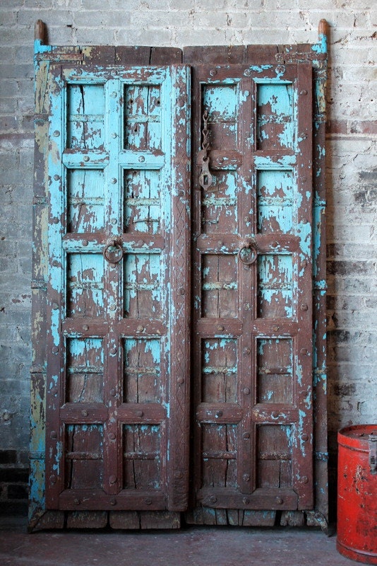 Antique Indian Door Set Teak Wood Heavily Distressed Blue Haveli Doors ...