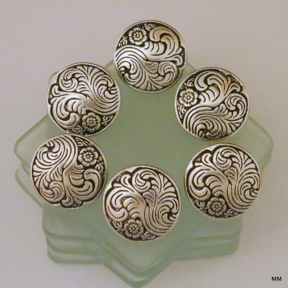 6 Silver Metal Buttons Flowers Floral Victorian Vines