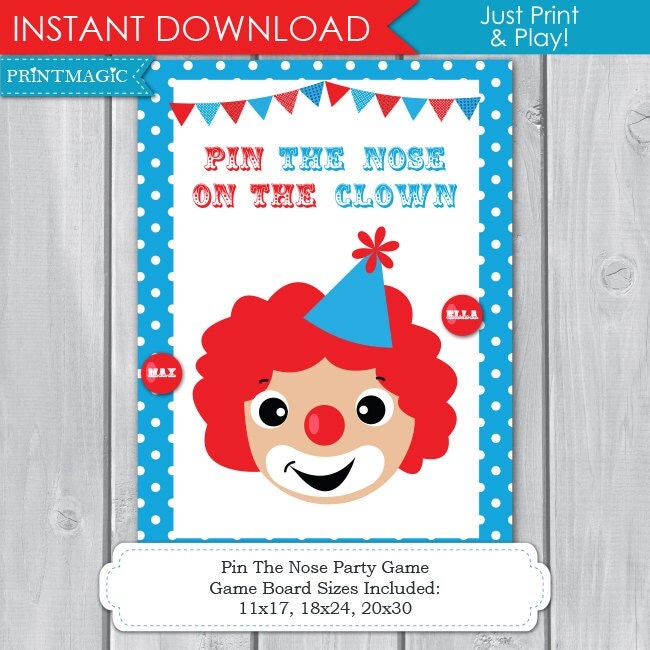 Pin the Nose on the Clown Printable Party Game Circus