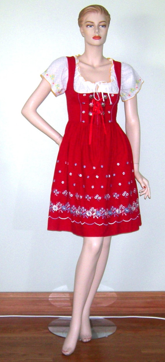 Vintage Austrian Dirndl Dress Red Embroidered Oktoberfest