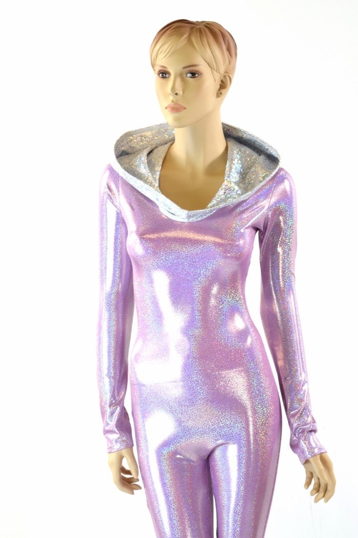 Lilac Space Girl Long Sleeve Hooded Catsuit with Silver/White