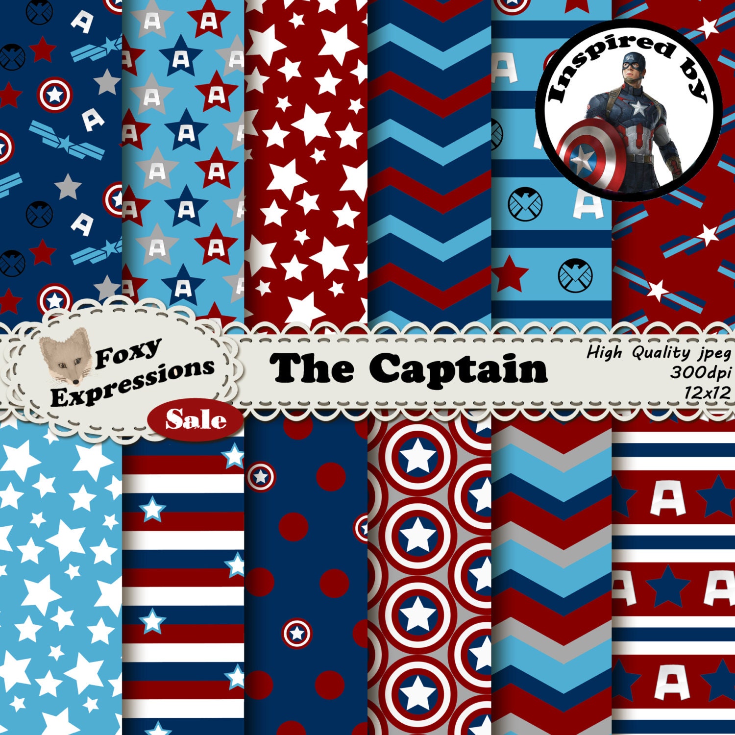 The Captain digital paper inspired by Captain America. Comes