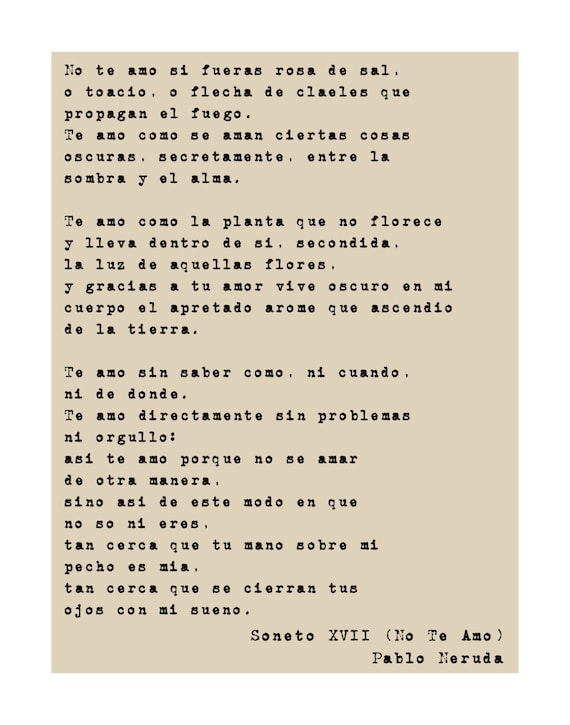 Sonnet XVII by Pablo Neruda Spanish by CoffeeAndDrawing on Etsy