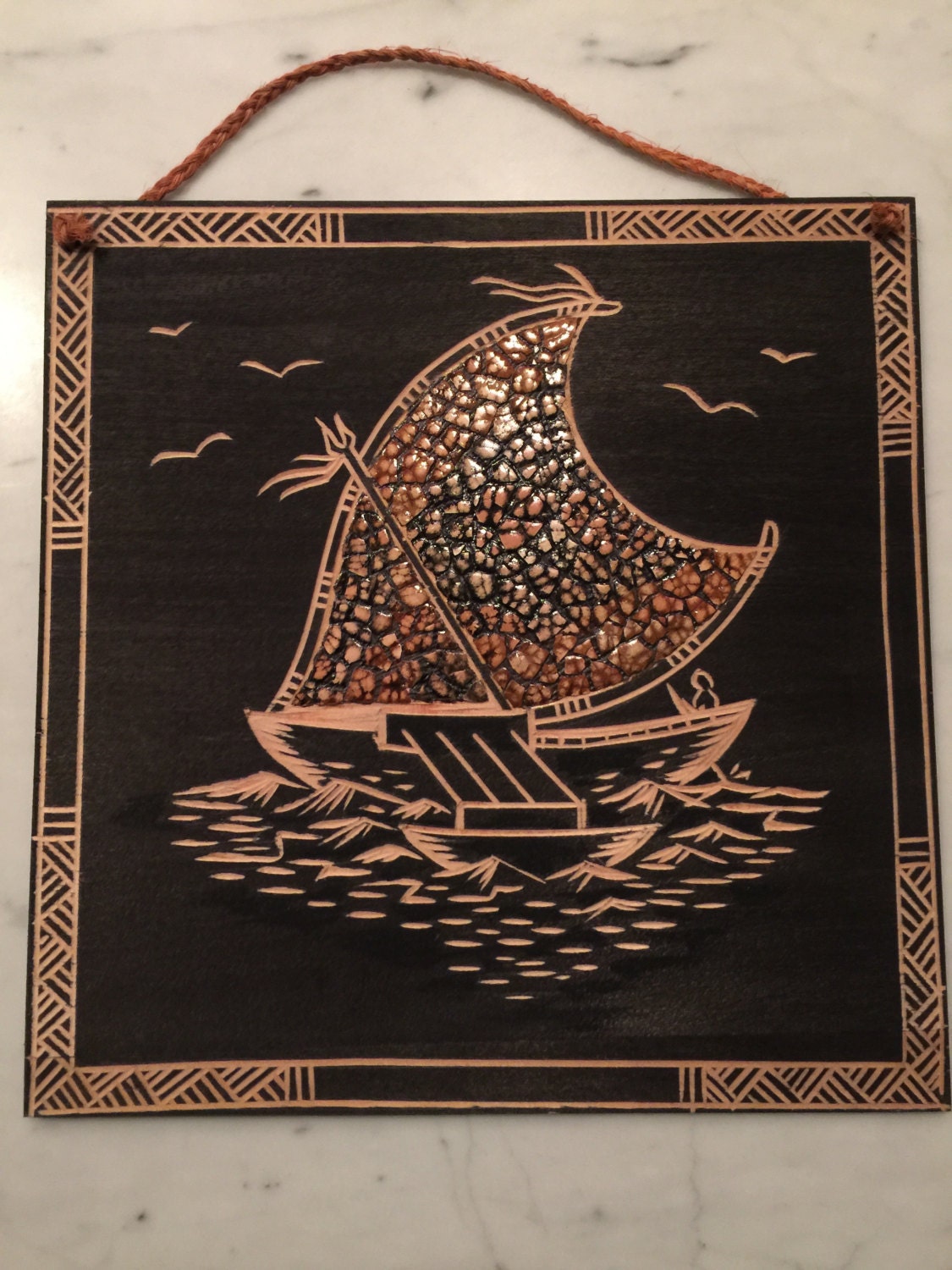 Traditional Fijian Hand Carved Wood Block Print 2 Sided