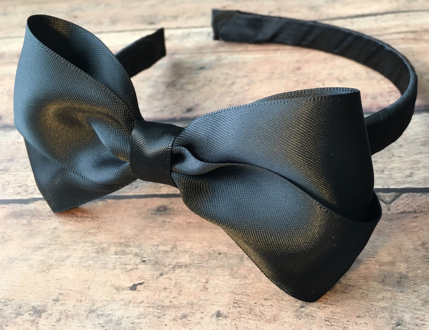 Black Satin Bow on Hard Headband Large Black Bow Ribbon