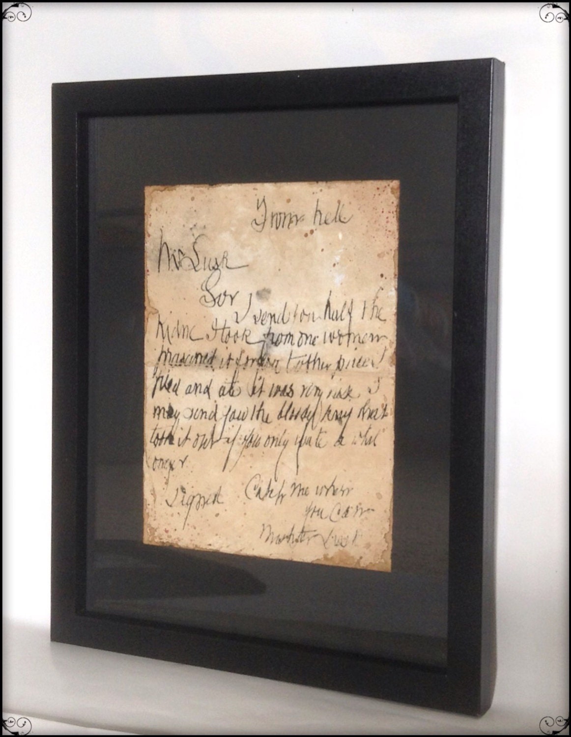 Jack the Ripper From Hell letter aged reproduction in frame.
