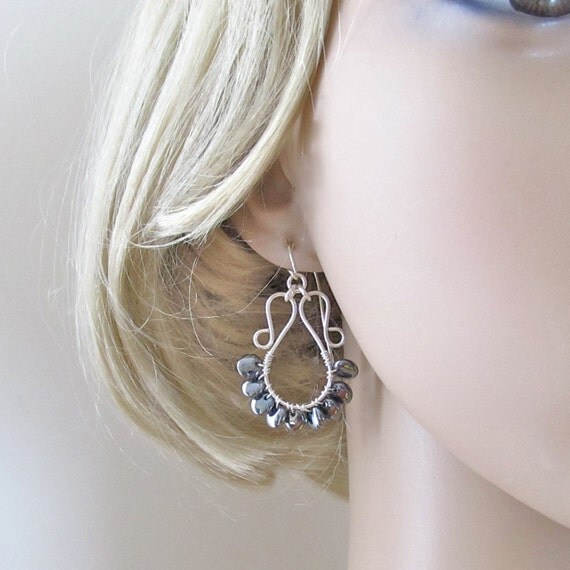Sterling Silver Wire Wrapped Hematite Lentil Bead Earrings