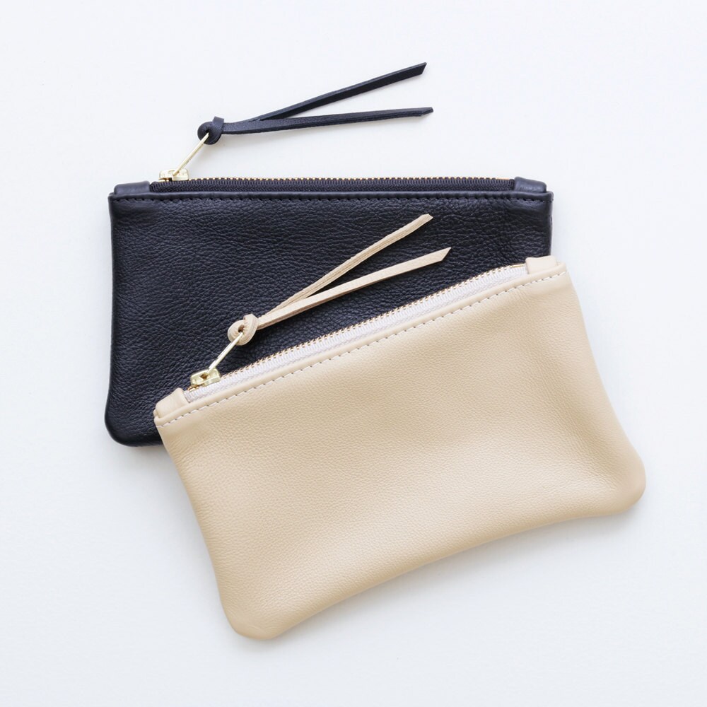 Small Leather Zipper Clutch Tan Zipper Pouch Black Zipper